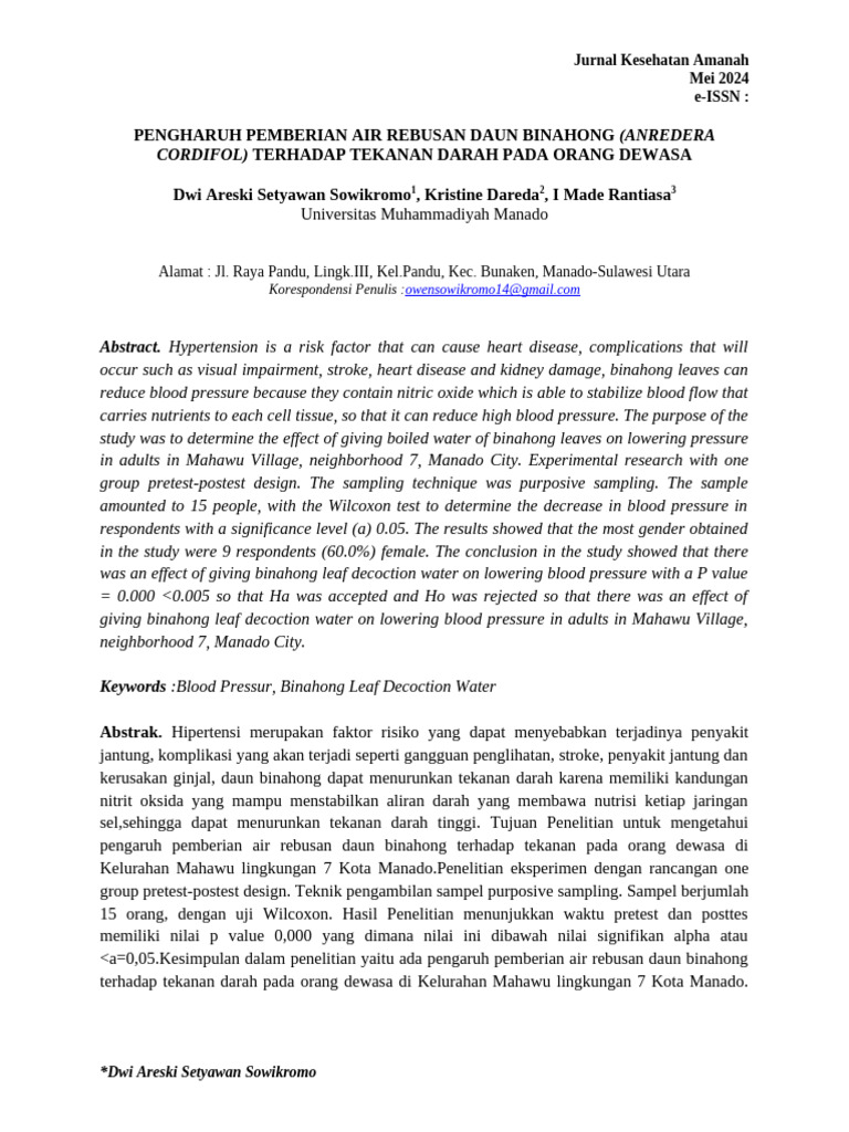Jurnal PENGARUH PEMBERIAN AIR REBUSAN DAUN BINAHONG (ANREDERA CORDIFOL) TERHADAP TEKANAN DARAH ...