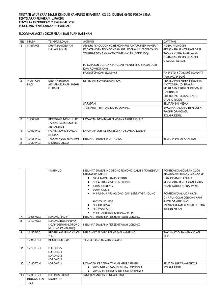Tentatif Atur Cara Majlis Kenduri Kampung Sejahtera | PDF