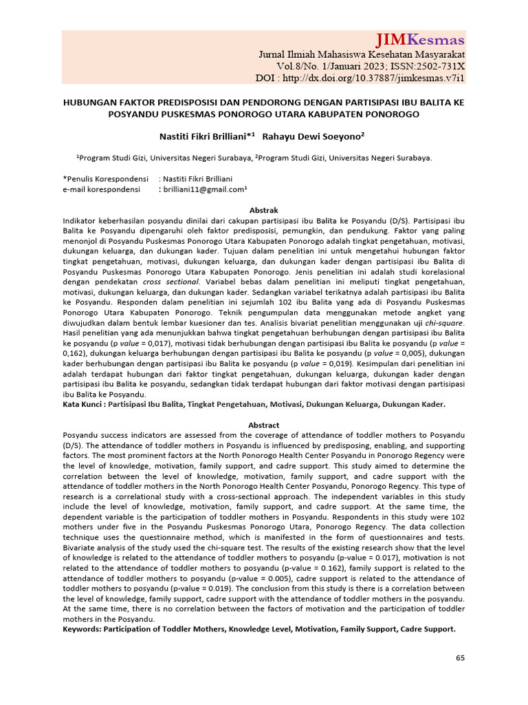 Hubungan Faktor Predisposisi Dan Pendorong Dengan Partisipasi Ibu ...
