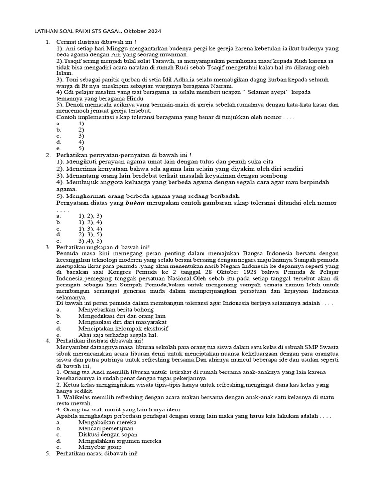 LATIHAN SOAL PAI XI STS GSL,lat ssw | PDF