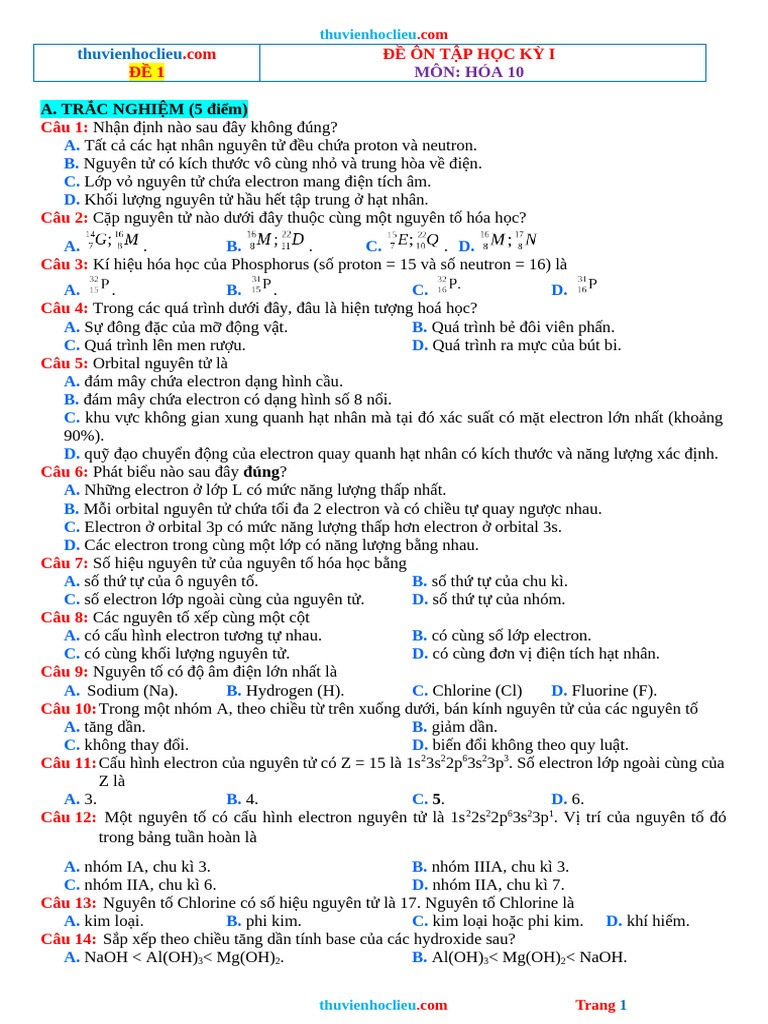 De On Tap HK1 Hoa 10 de 1 | PDF