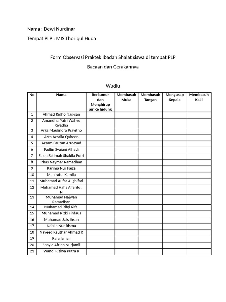 Form Observasi Praktek Ibadah Shalat Siswa Di Tempat PLP | PDF