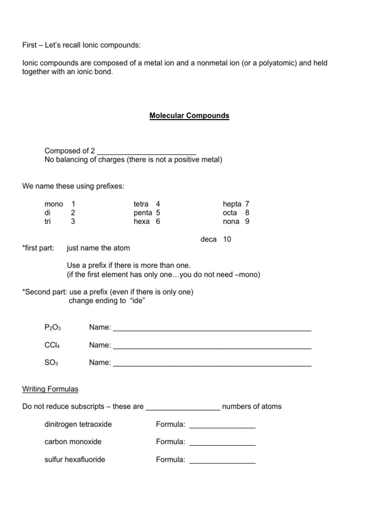 3 - Notes - Names and Formulas | PDF | Chemical Compounds | Molecules