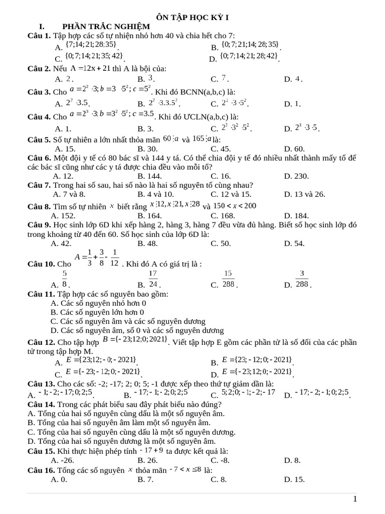 De Cuong Toan 6 Hoc Ki 1 Nam 2024 2025 Truong Thcs Ngo Si Lien Ha Noi | PDF
