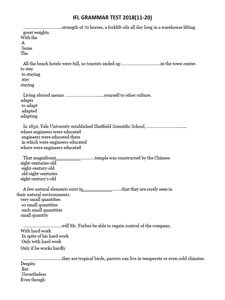 IFL GRAMMAR TEST 2018(11-20) | PDF