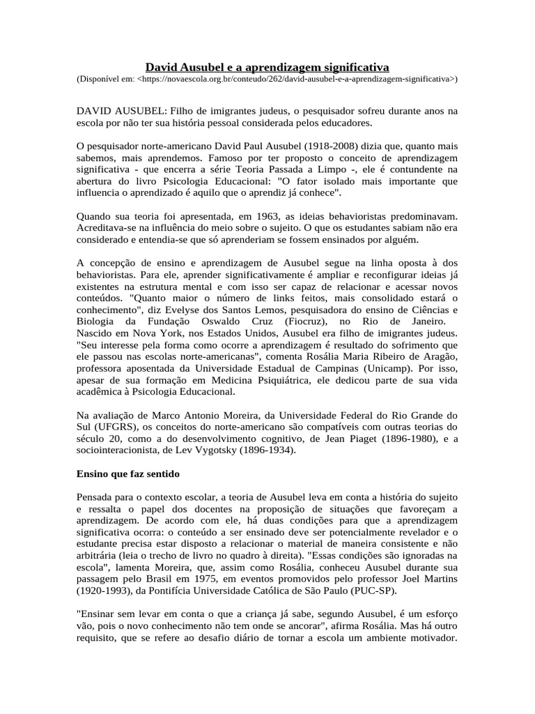 Aprendizagem Significativa de Ausubel | PDF | Aprendizado | Conhecimento