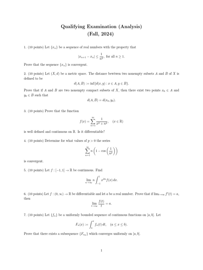 QE-(Analysis)-2024-Fall | PDF | Continuous Function | Real Number
