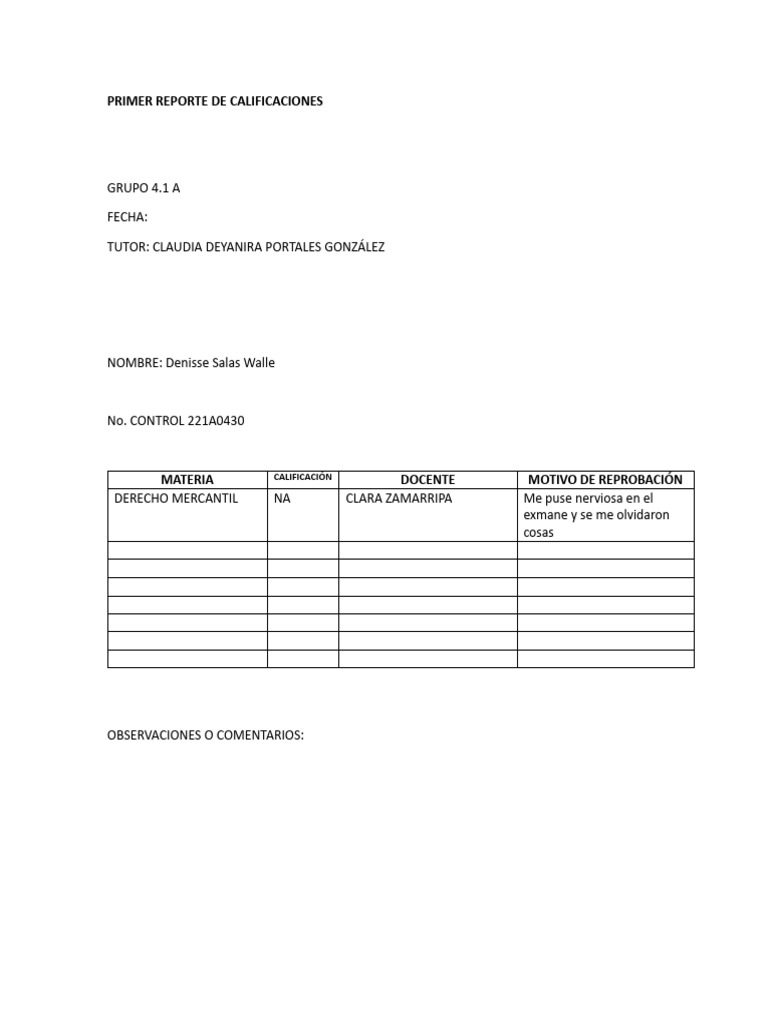 Formato Reporte de Calificaciones | PDF
