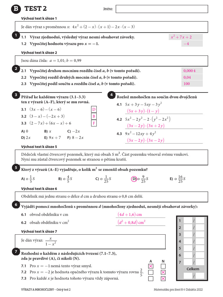 Test Výrazy A Mnohočleny B | PDF