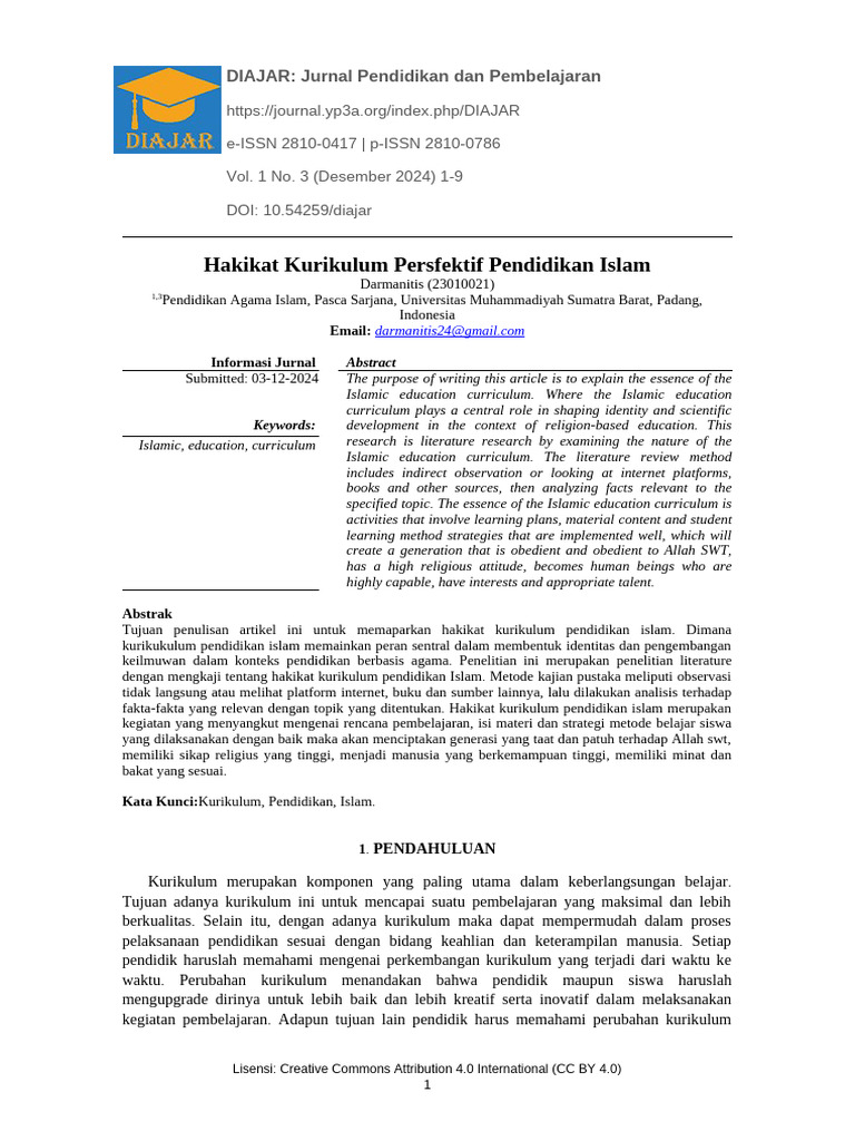 Word Hakikat Kurikulum Persfektif Pendidikan Islam Darmanitis | PDF