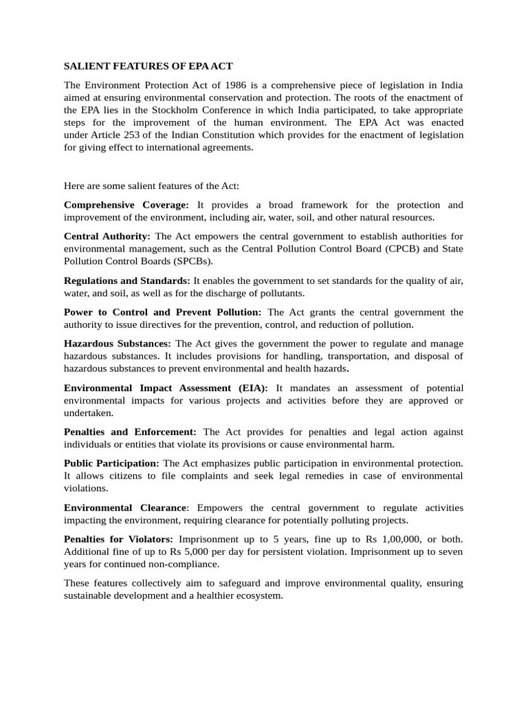 Salient Features of Epa Act | PDF | Environmental Protection | United ...