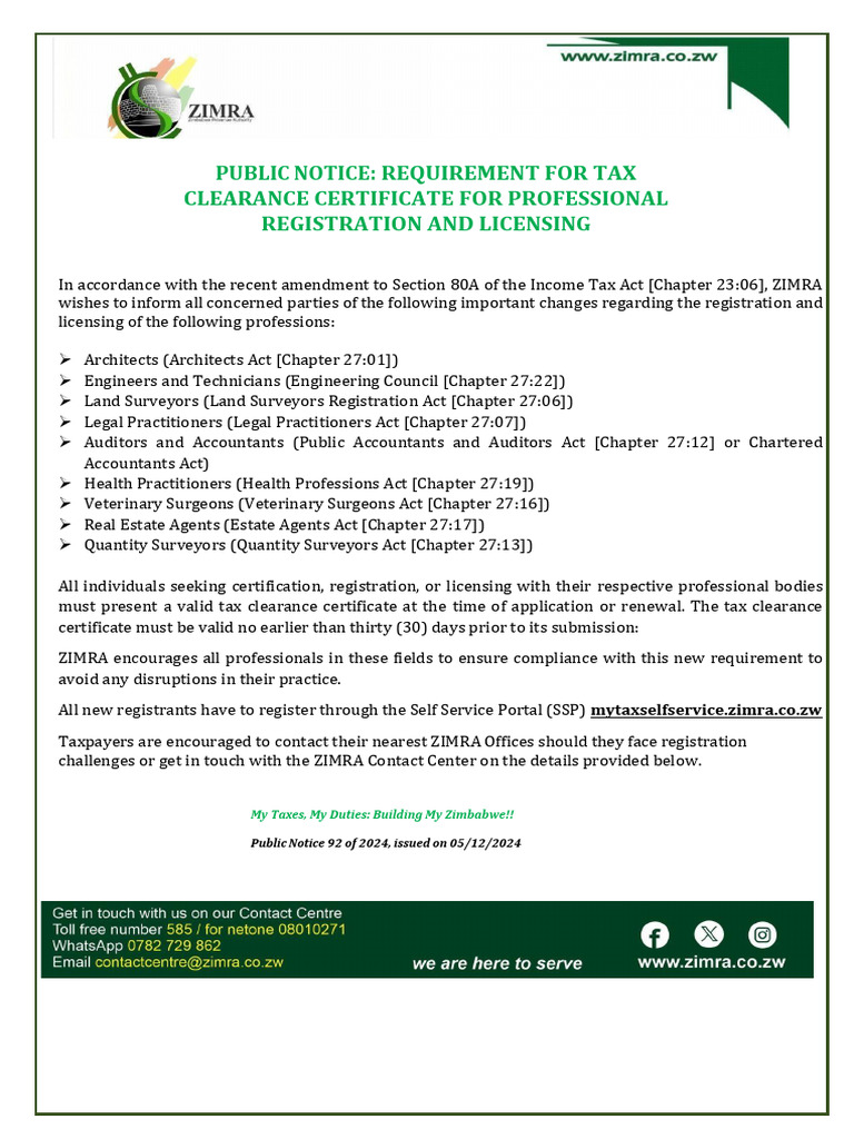 Public Notice 92 of 2024 Requirement for Tax Clearance Certificate for ...
