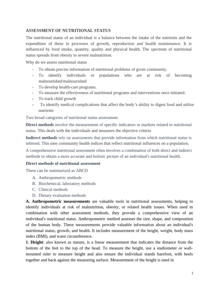 Assessment of Nutritional Status | PDF | Body Mass Index | Nutrition