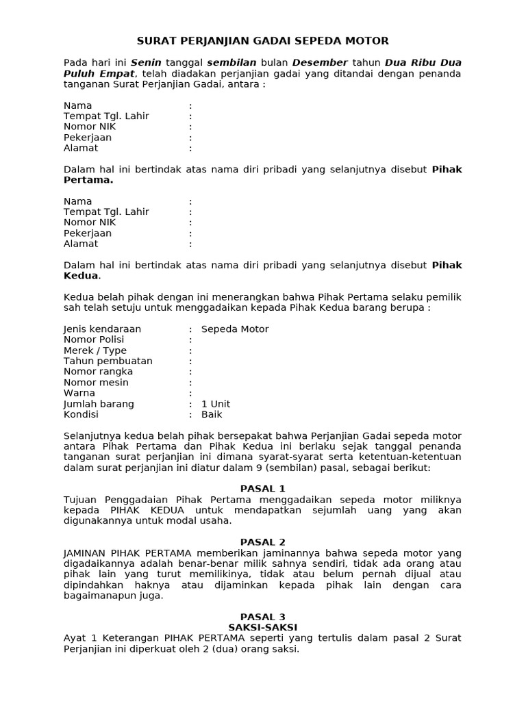Surat Perjanjian Gadai Sepeda Motor | PDF