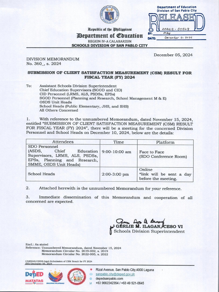 Division Memorandum 360, S. 2024 - Submission of Client Satisfaction ...