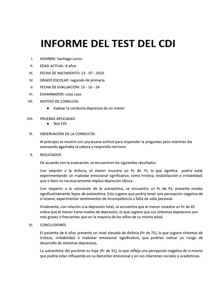 informe DE CDI.docx (2) | PDF | Depresión (estado de ánimo) | Las emociones