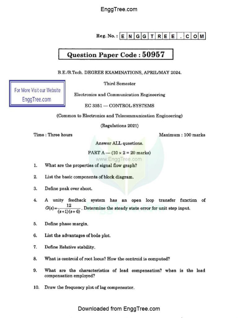 EC3351 Control Systems Apr May 2024 Question Paper Download | PDF