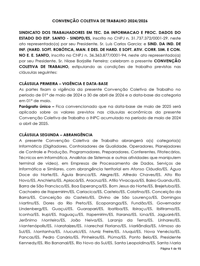 CCT_2024_2026_SINDPD_ES | PDF | Férias trabalhistas | Sindicato
