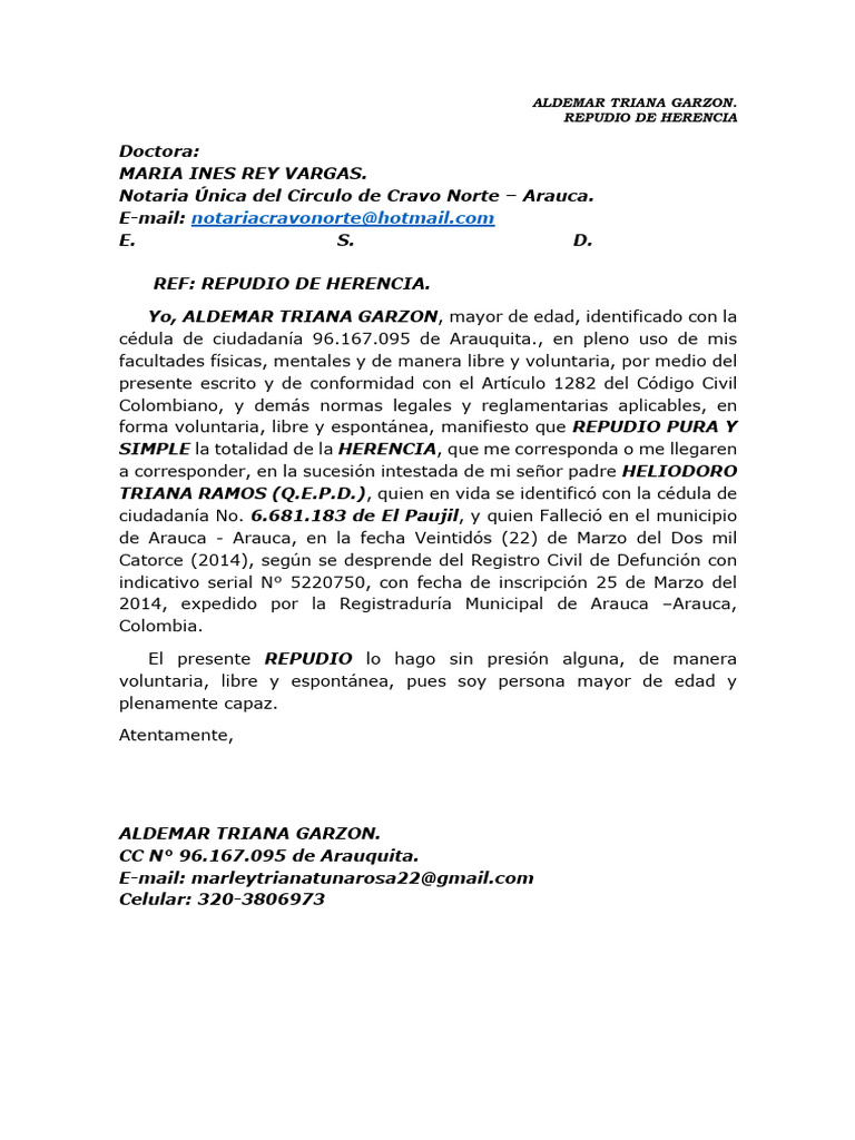 Escrito Repudio De Herencia Flia Triana Garzon Aldemar Pdf