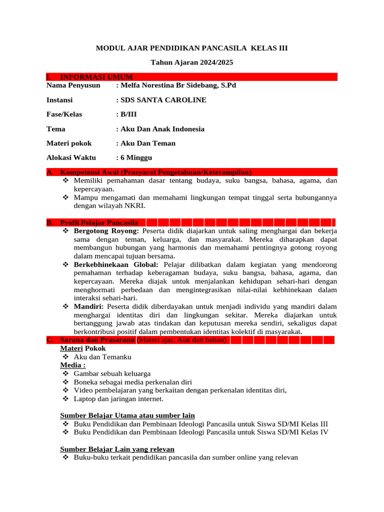 Modul Ajar PPKN kELAS 3 BAB 1 | PDF