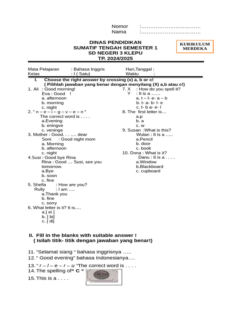 English Midterm Exam for Grade 1 | PDF