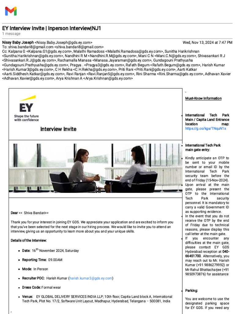Gmail - EY Interview Invite _ Inperson Interview_NJ1 | PDF