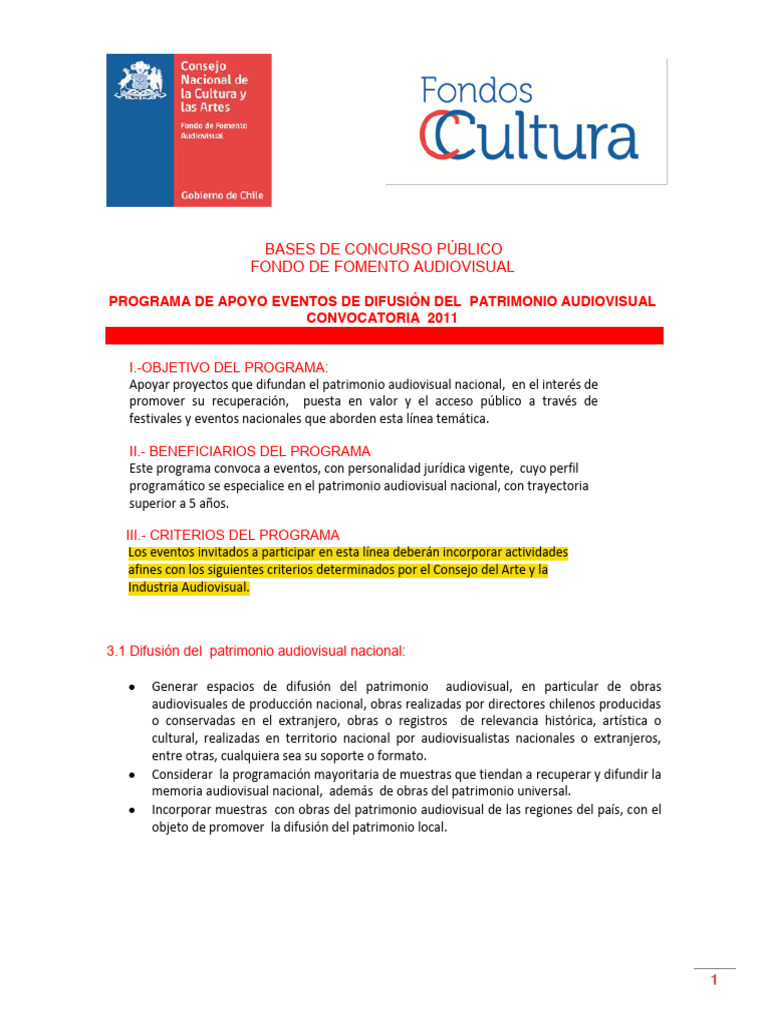 Bases de Concurso Público Fondo de Fomento Audiovisual | PDF | Plan de ...