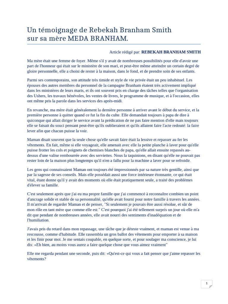 Un Témoignage de Rebekah Branham Smith Sur Sa Mère MEDA BRANHAM | PDF