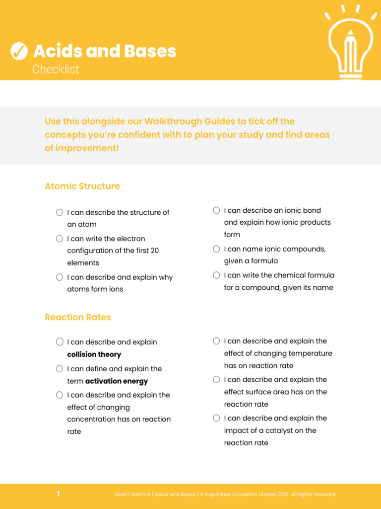 NCEA Level1-Science-Checklist-Acids-and-Bases | PDF | Chemical ...