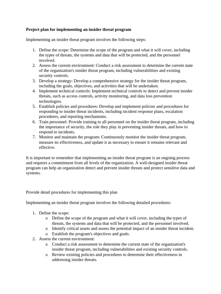 Project Plan For Implementing An Insider Threat Program | PDF ...