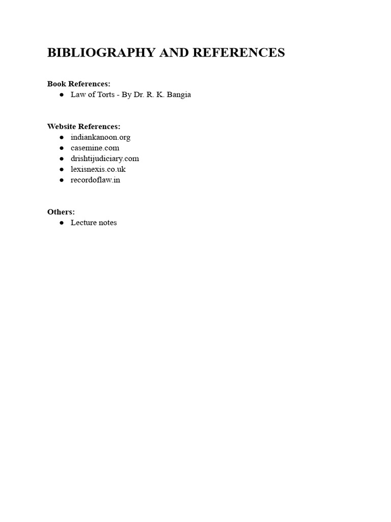 Bibliography and References: Law of Torts - by Dr. R. K. Bangia | PDF