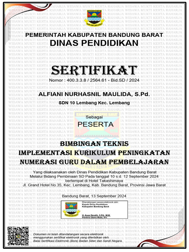 Lembang - Sertifikat Peserta Bimtek Numerasi 10-09-2024 | PDF