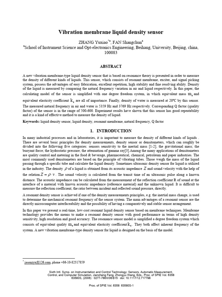 Vibration Membrane Liquid Density Sensor | PDF | Resonance | Density