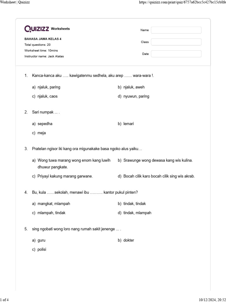 Kuis Bahasa Jawa Kelas 4 Semester 1 | PDF