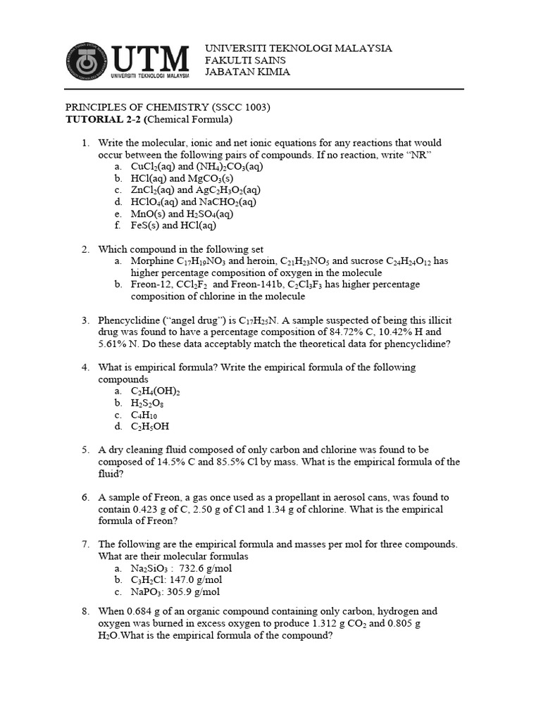 Tutorial 3b - Chemical Formula and Chemical Equation | PDF | Chemical ...