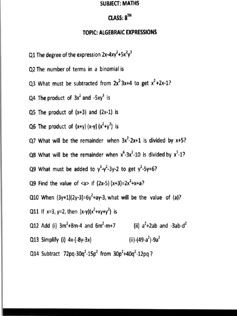 Class 8 Algebraic Expressions Test | PDF