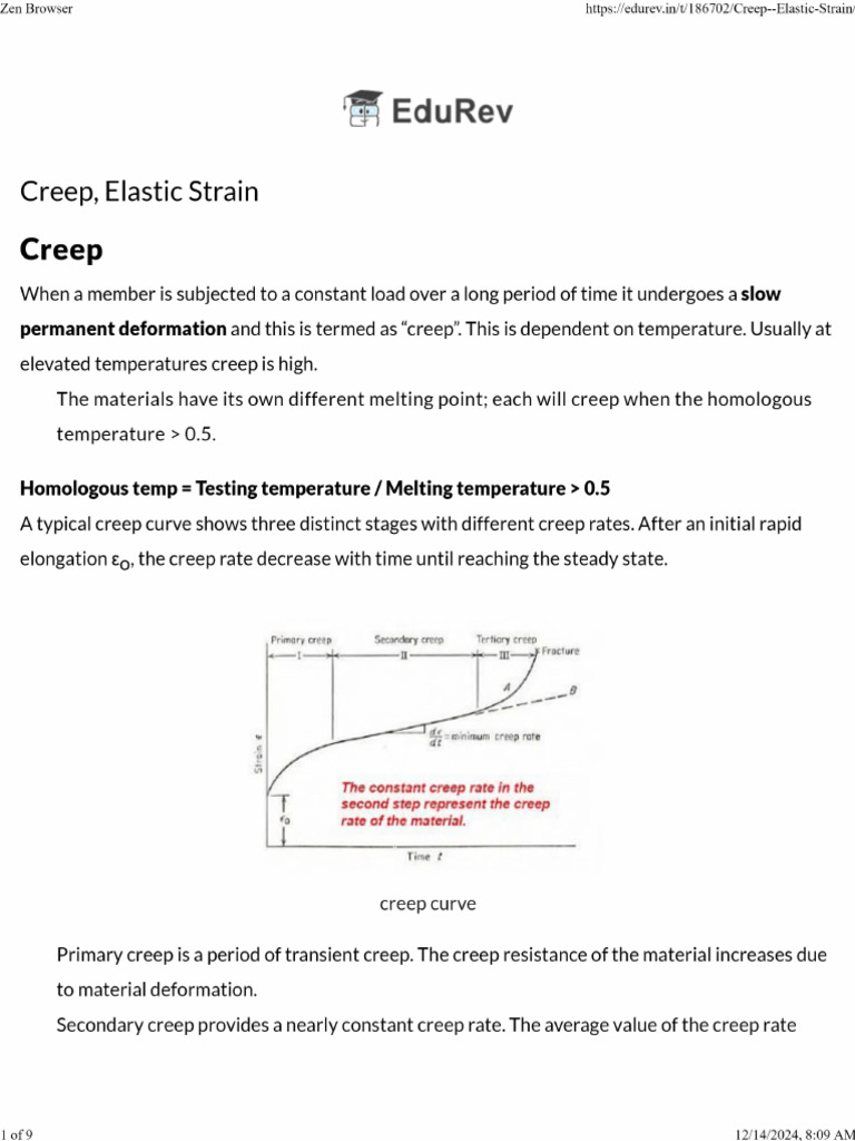Creep, Elastic Strain | PDF