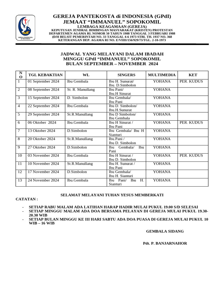 jadwal pelayanan ibadah | PDF