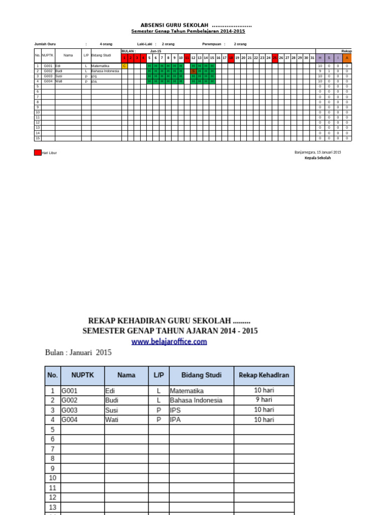 Format Absensi Guru Excel Ori | PDF