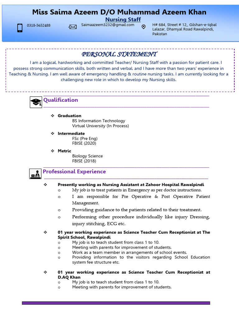 Saima Azeem C.V | PDF | Nursing | Health Care