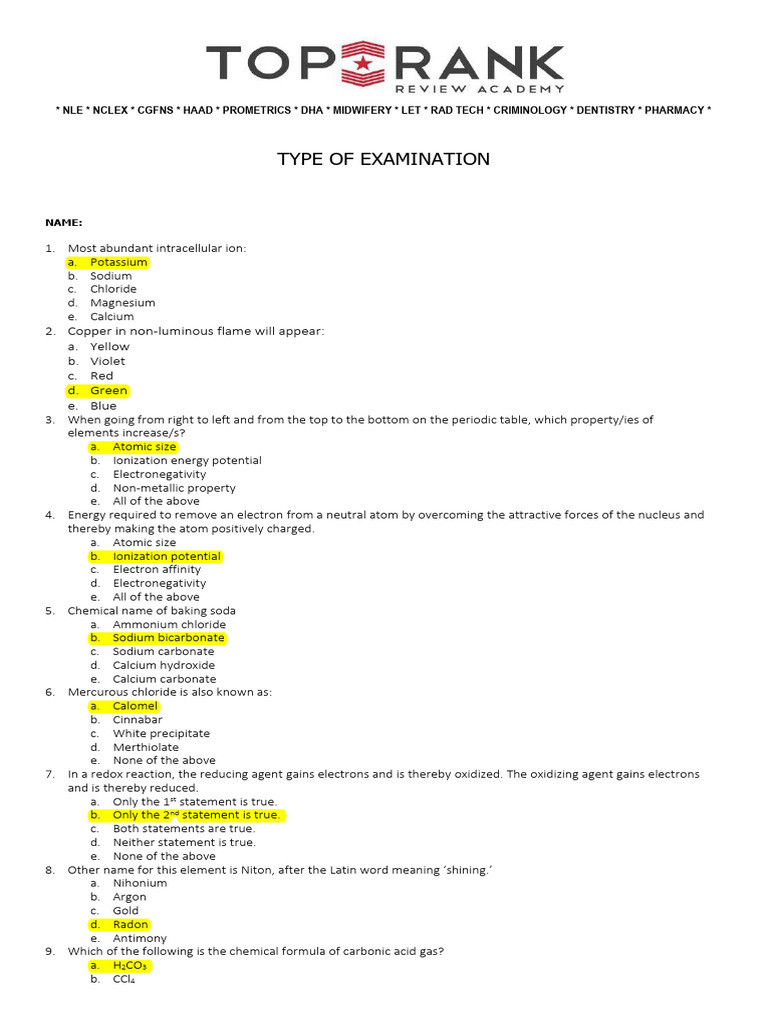 Toprank Preboard Exam Module 1 PHLE 2024 | PDF | Hydroxide | Salt (Chemistry)