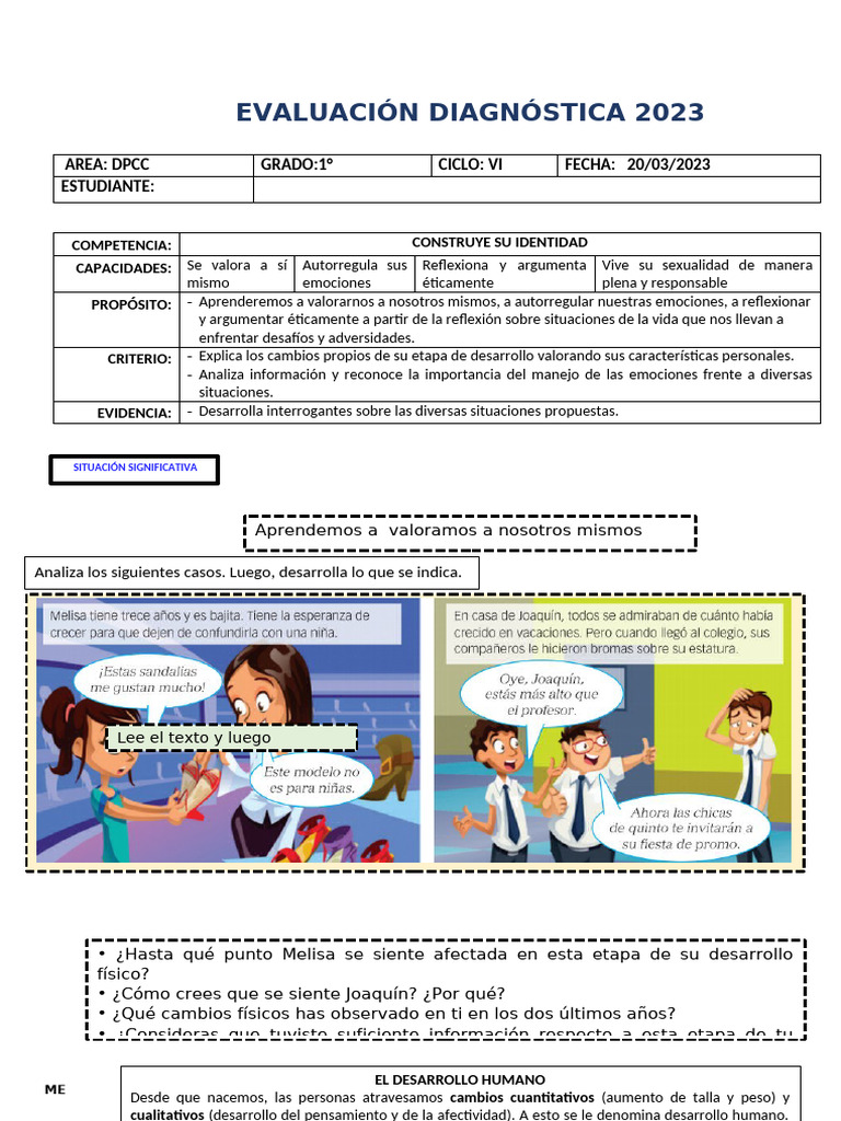 EVAL. DIAG. 1° DPCC 2023 1 | PDF | Las emociones | Autoestima