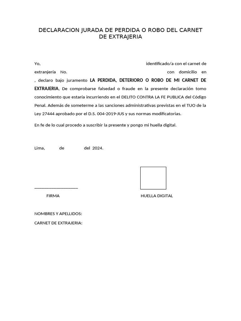 Declaracion Jurada de Perdida o Robo Del Carnet de Extrajeria | PDF