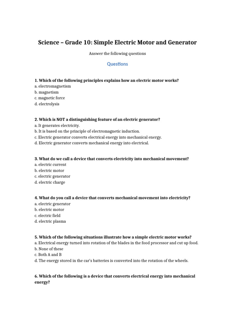 Grade 10 Electric Motor & Generator Quiz | PDF | Electric Generator ...