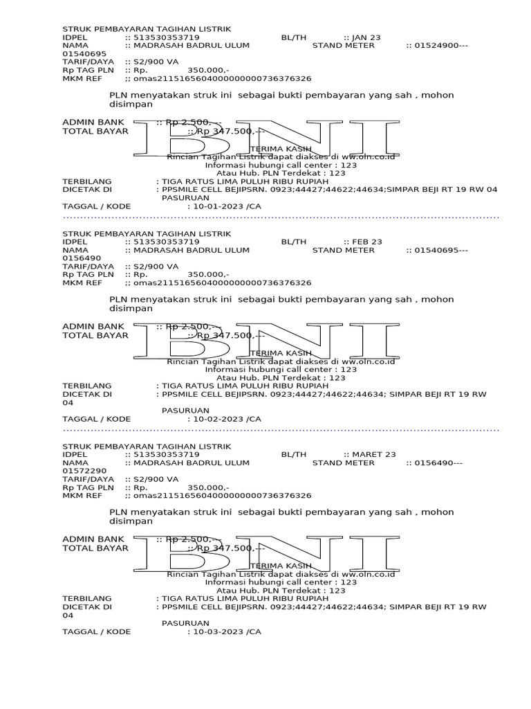 Nota Listrik Dari PLN - JAN JUN | PDF