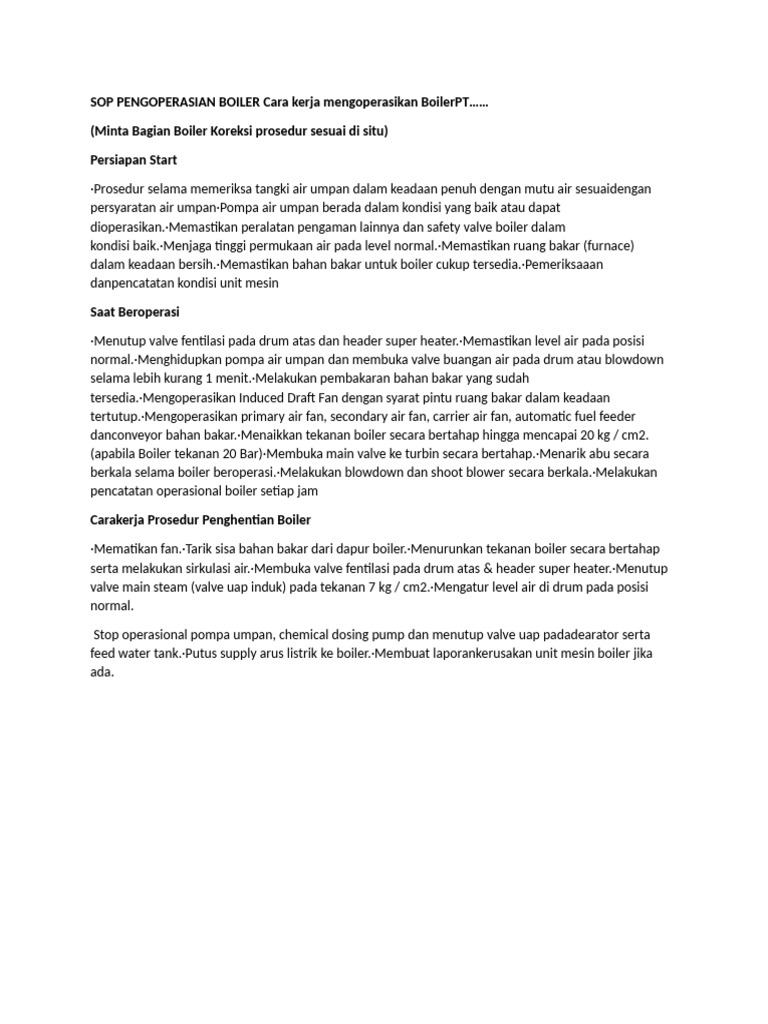 Sop Pengoperasian Boiler | PDF