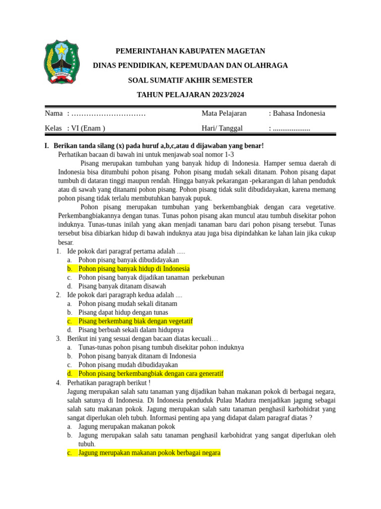 Soal Bindo KLS 6 | PDF