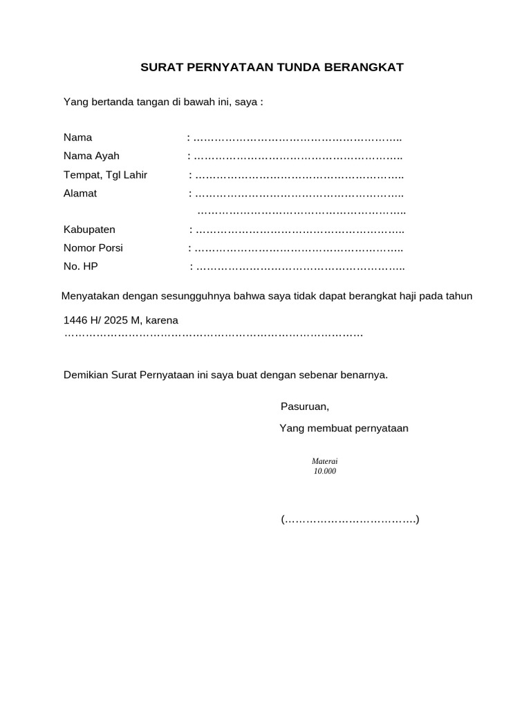 Surat Pernyataan Tunda Berangkat 2024 | PDF