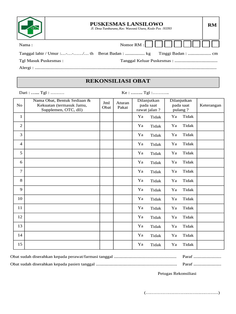 Rekonsiliasi Obat Puskesmas Lansilowo | PDF