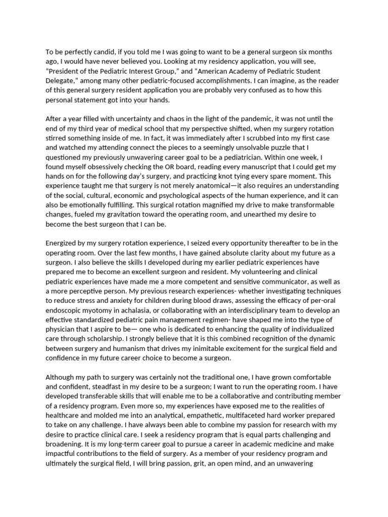 Notes On Personal Statement Residency Example | PDF | Surgery | Pediatrics